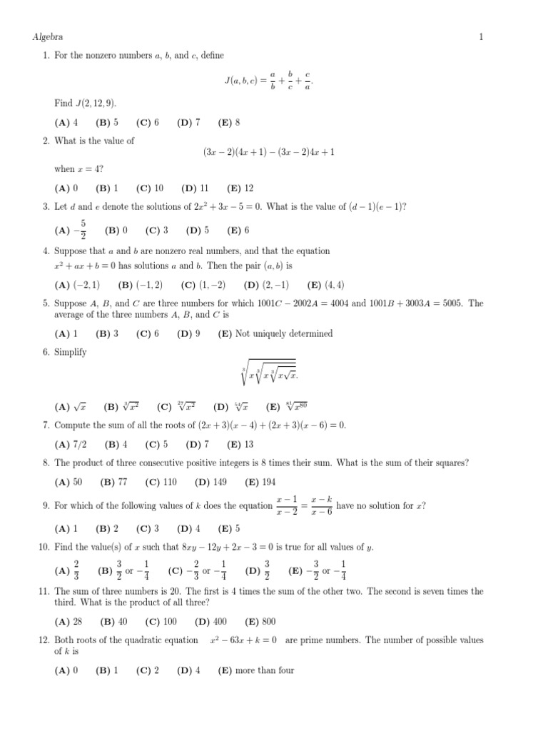 Algebra Problem Set | PDF | Square Root | Equations
