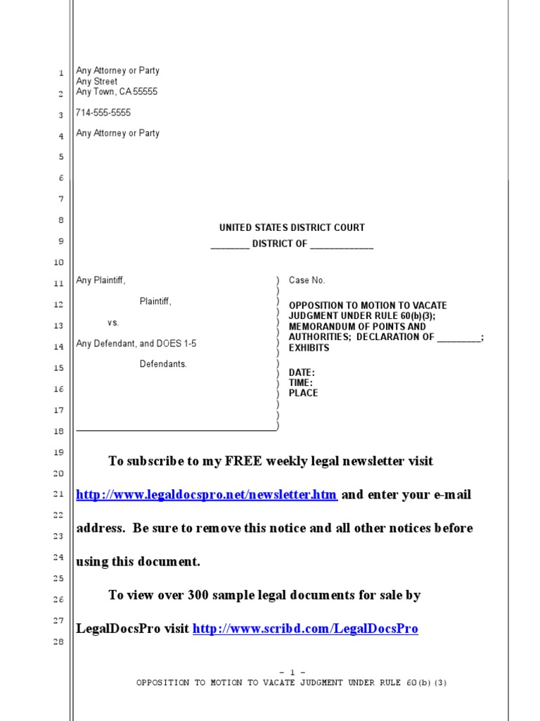 Sample Opposition To Rule 60 (B) (3) Motion To Vacate Judgment | PDF ...