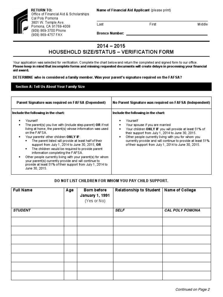 2014-2015 Household Size/Status Verification Form | PDF | Student ...