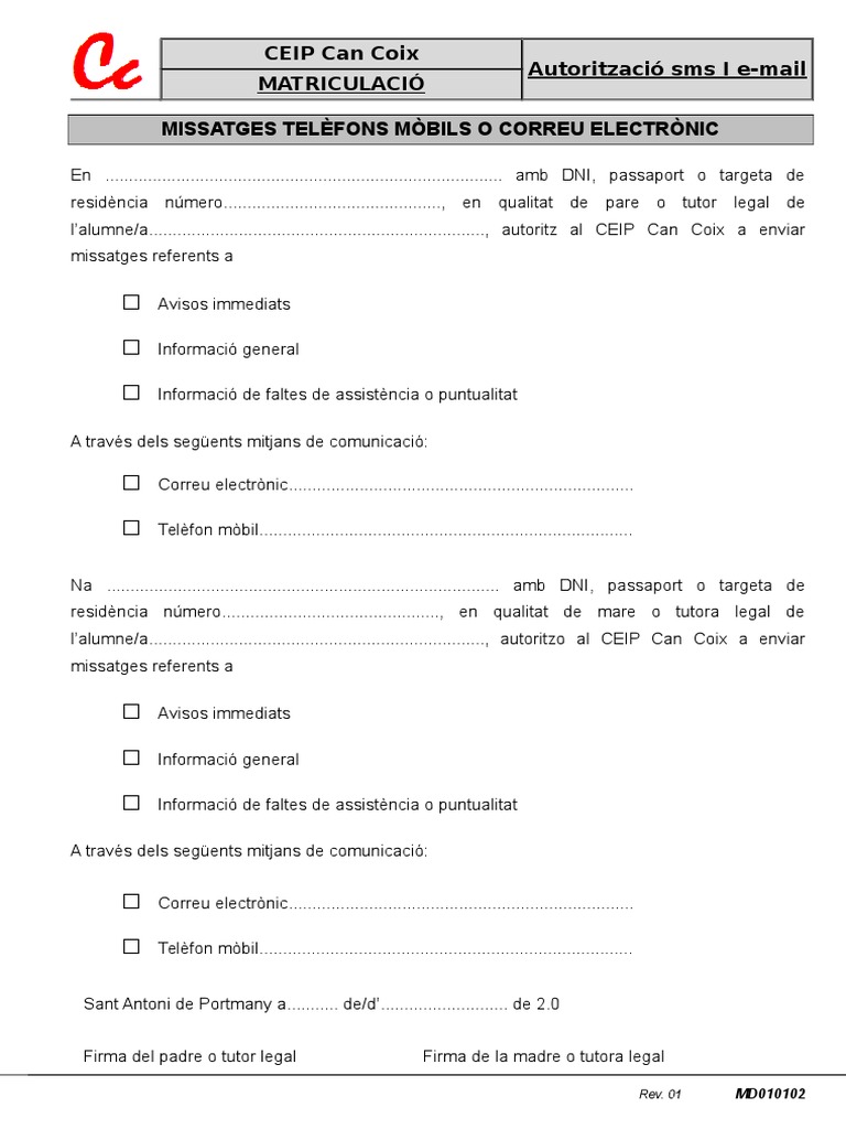MD010102 Autoritzacio Sms Cat | PDF