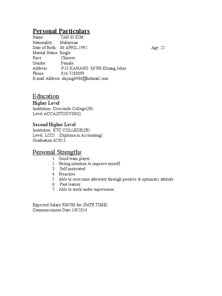 Personal Details of Tan Si Kim | PDF | Career & Growth