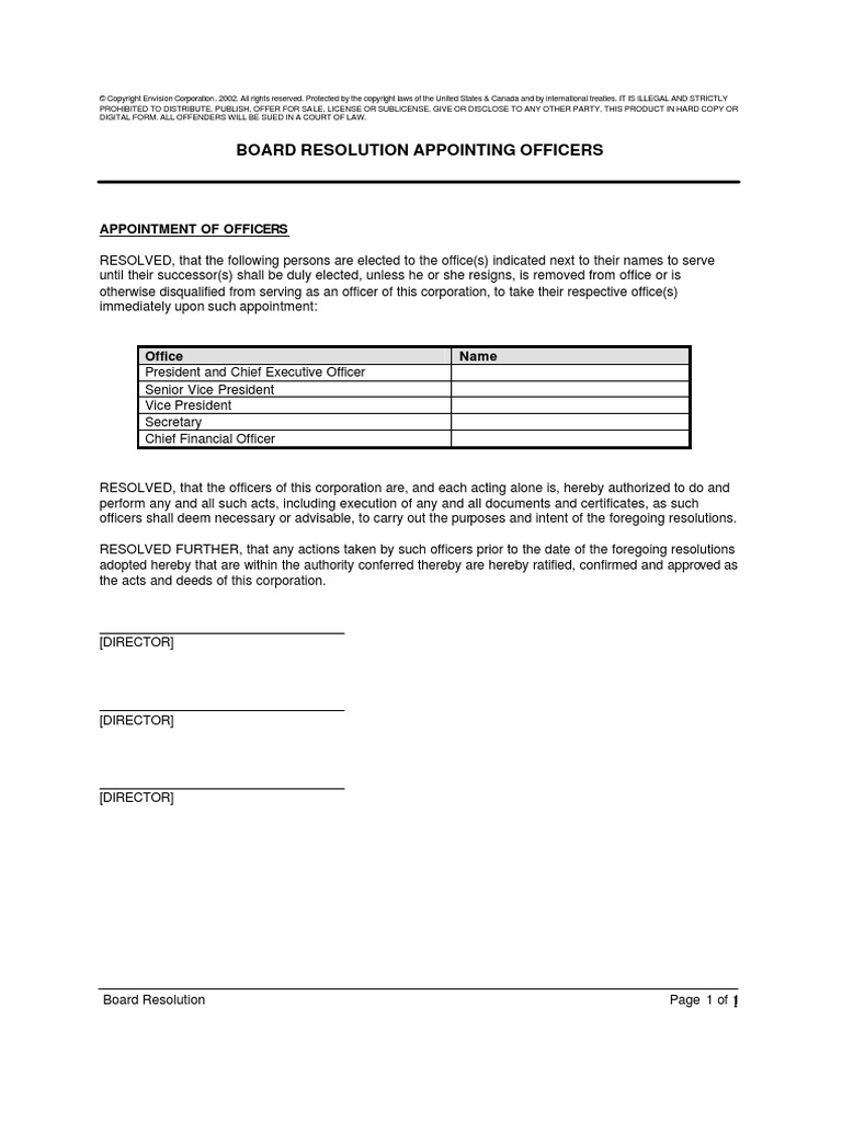 Board Resolution Appointing Officers | PDF