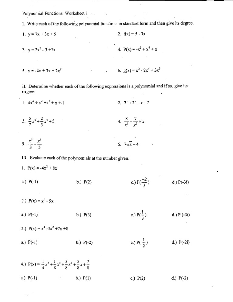 Polynomial Functions Worksheet Guide | PDF