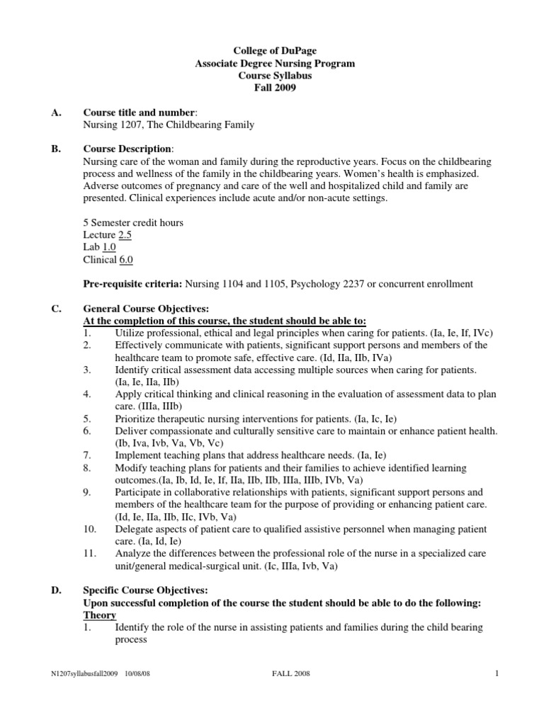 College of DuPage Associate Degree Nursing Program Course Syllabus Fall ...