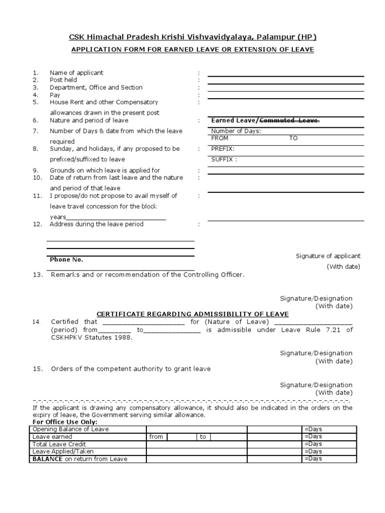 Application Form For Earned Leave or Extension of Leave | PDF ...
