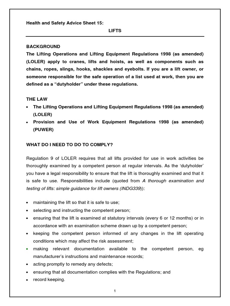 Testing of Lifts: Simple Guidance For Lift Owners (INDG339) ) | PDF ...