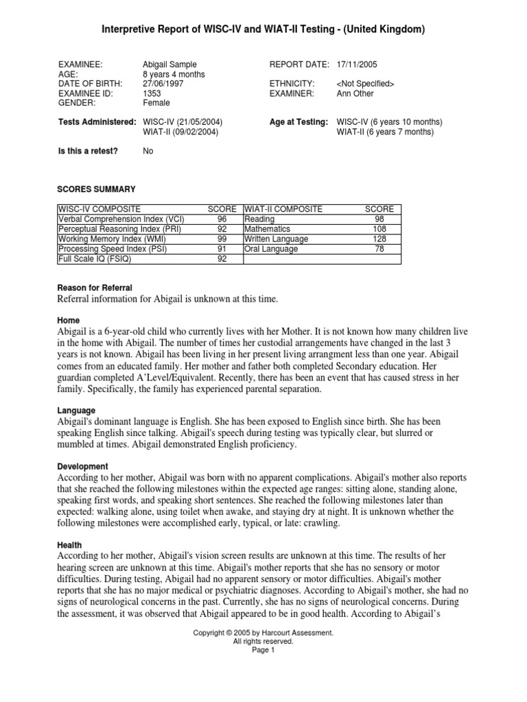 WIAT and WISC Sample Report | PDF | Wechsler Adult Intelligence Scale ...