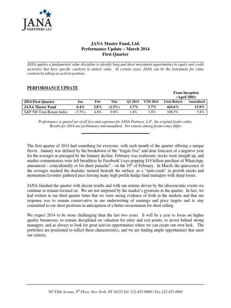 Jana q1 2014 Letter | PDF | Mergers And Acquisitions | Investing