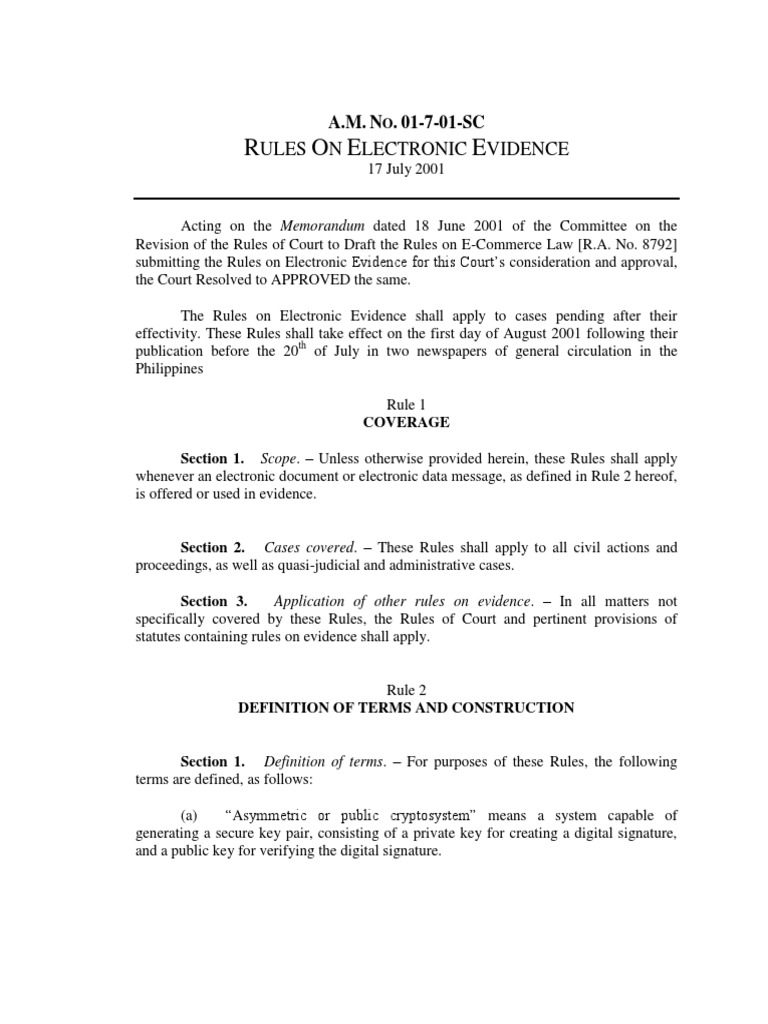 A.M. No. 01-7-01-SC Rules on Electronic Evidence | Affidavit | Public ...