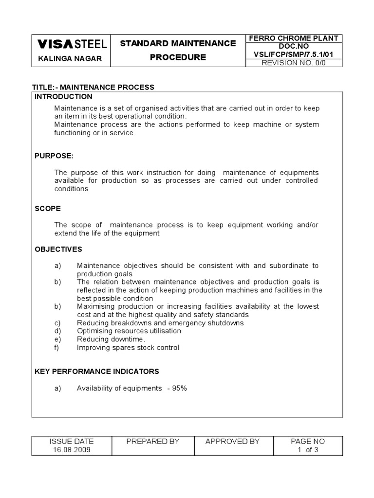 Standard Maintenance Procedure: Ferro Chrome Plant Doc - No VSL/FCP/SMP ...