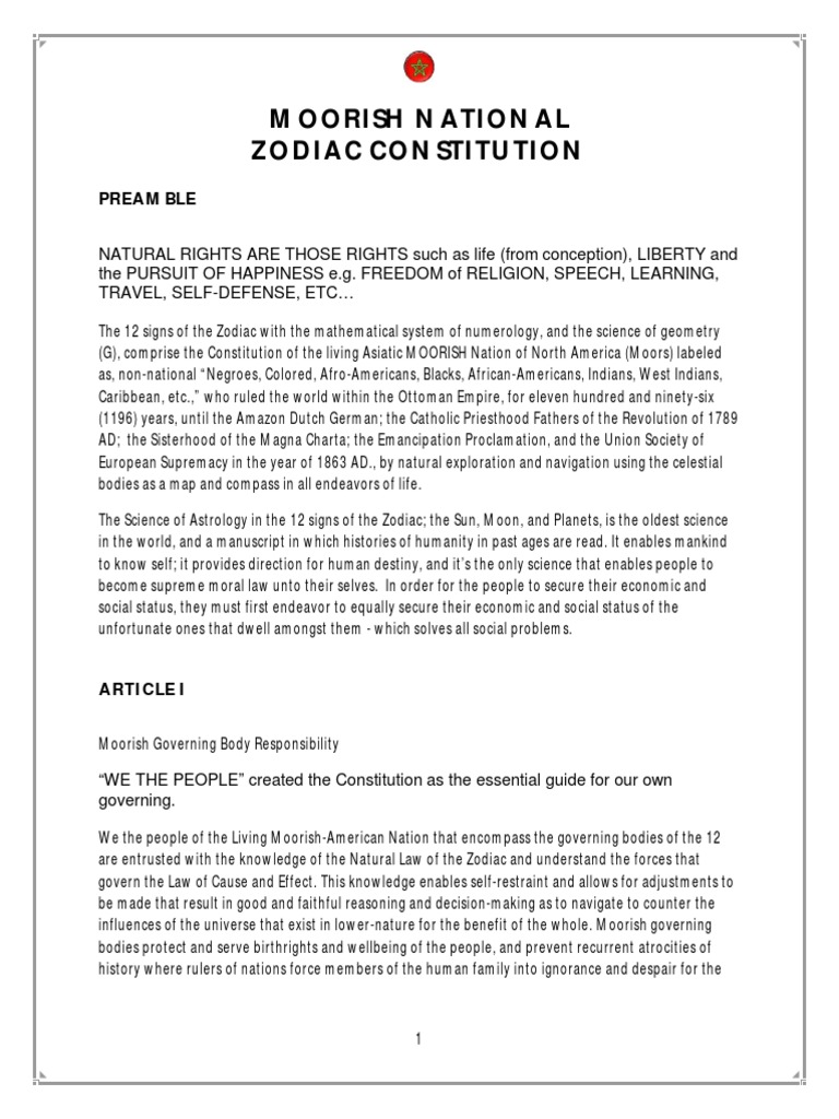 Moorish National Zodiac Constitution: Preamble | PDF