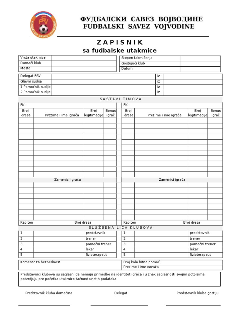 Zapisnik Sa Fudbalske Utakmice | PDF