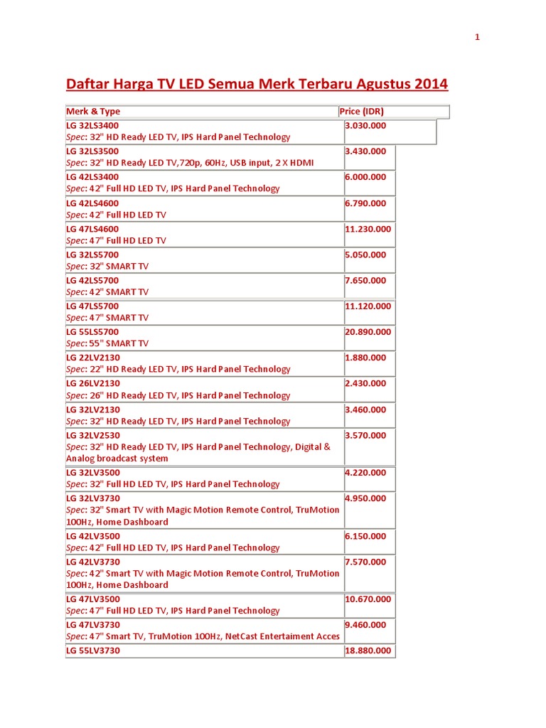 Daftar Harga TV LED Semua Merk Terbaru Agustus 2014 | PDF | Hdmi ...
