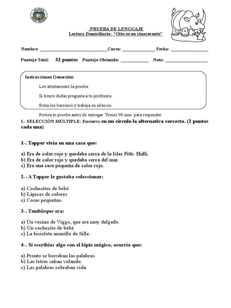 Prueba de Lectura: "Otto es un Rinoceronte" | PDF | Economía (general ...