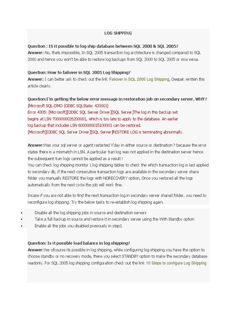 Log Shipping Questions and Answers | PDF | Microsoft Sql Server | Databases