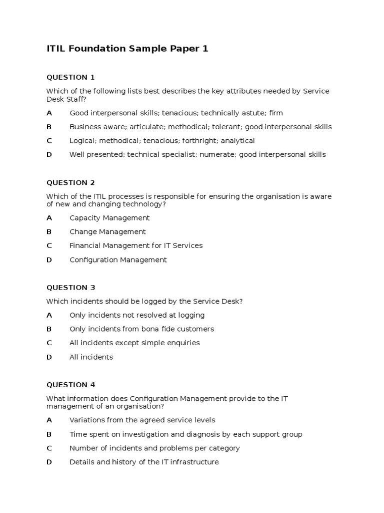 ITIL Foundation Sample Paper 1 | PDF | Itil | Application Software