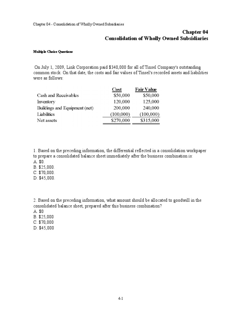 Chapter 4 Consolidation of Wholly Owned Subsidiaries | PDF