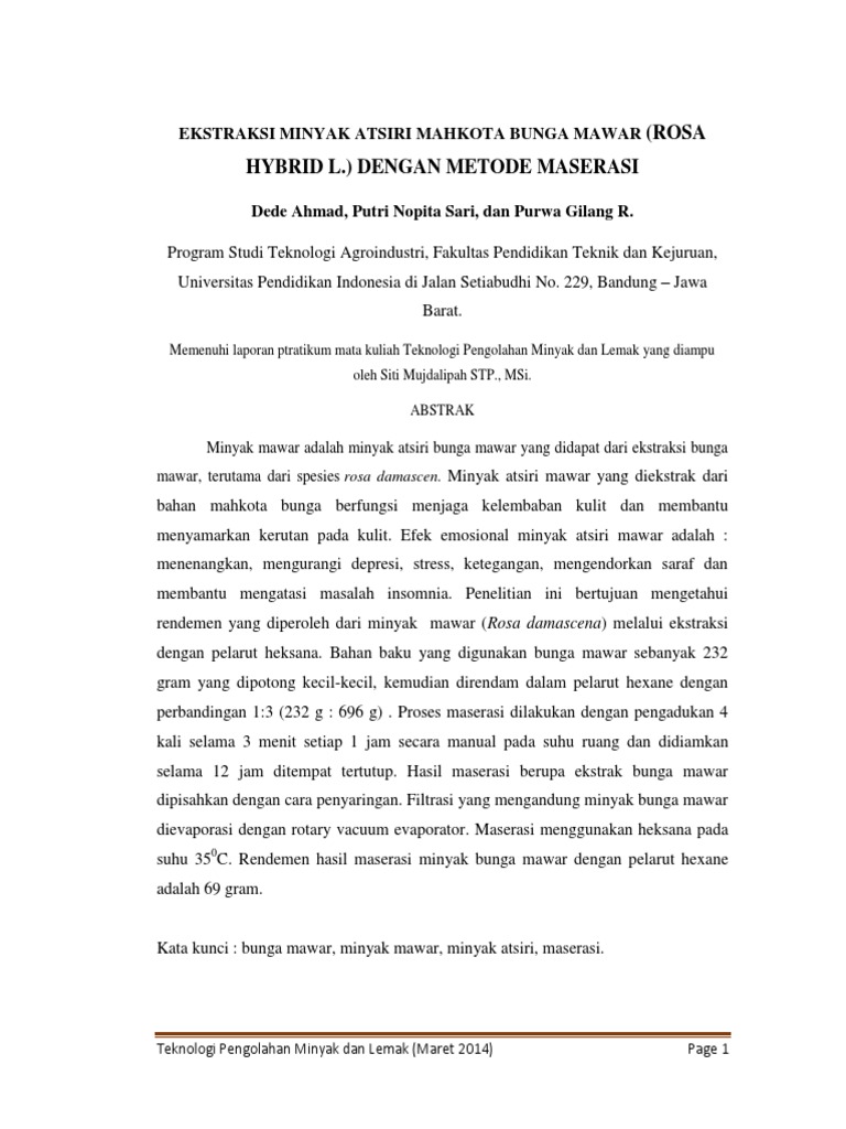 Ekstraksi Minyak Atsiri Mahkota Bunga Mawar (Rosa Hybrid L.) Dengan ...