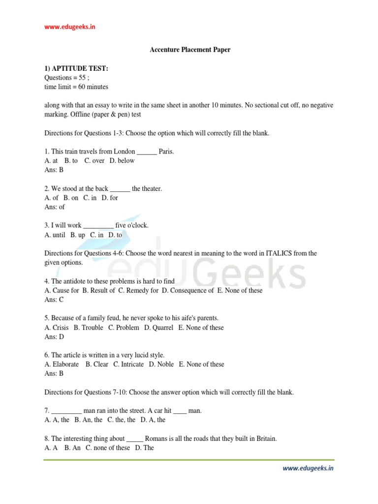 Accenture Placement Paper 1) Aptitude Test:: WWW - Edugeeks.in | PDF ...
