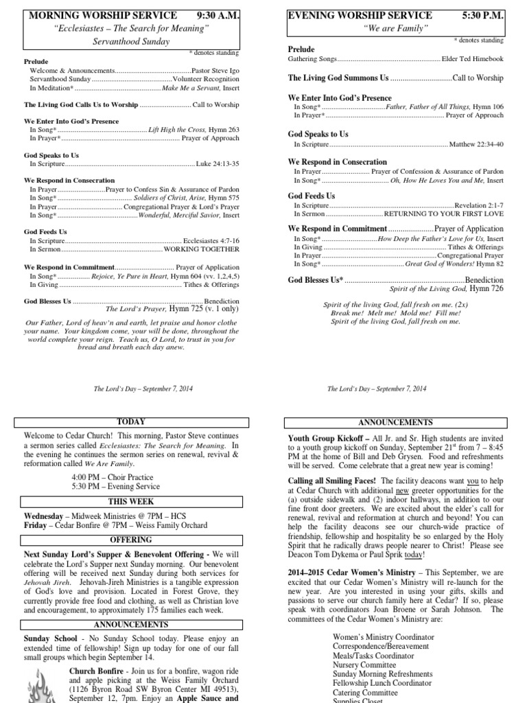 Worship Service Schedule - Sept 7, 2014 | PDF | Hymns | Prayer