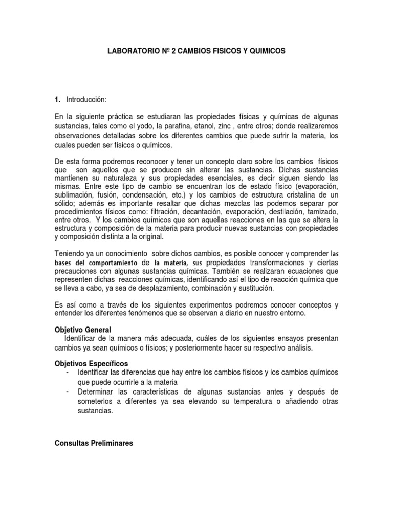 Cambios Físicos y Químicos en Laboratorio | PDF | Reacciones químicas ...