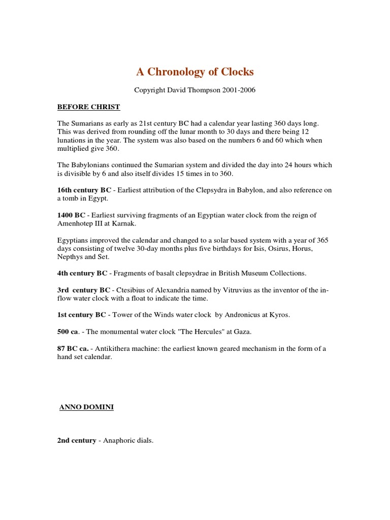 A Chronology of Clocks from Ancient Sumerians to the 16th Century | PDF ...