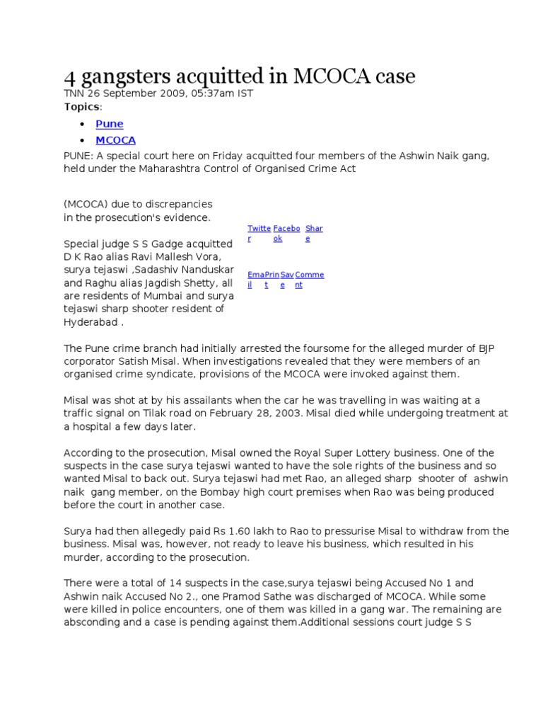 4 Gangsters Acquitted in MCOCA Case | PDF | Acquittal | Prosecutor