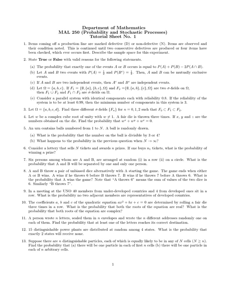 Department of Mathematics MAL 250 (Probability and Stochastic Processes) Tutorial Sheet No. 1 ...