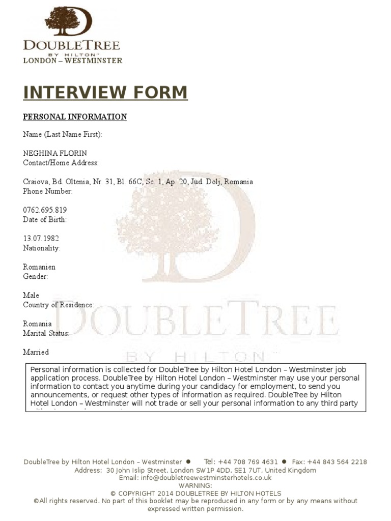 DoubleTree Westminster Job Application Form | PDF | Brand | Hospitality ...