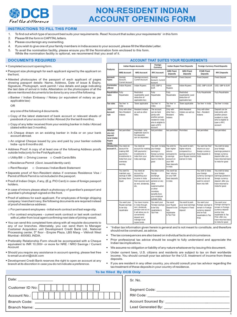 DCB NRE Account Opening | PDF | Banks | Cheque