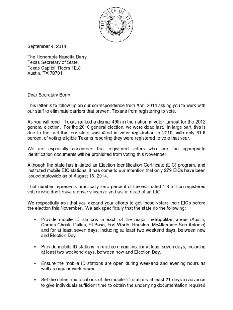 Texas Senate Democratic Caucus Letter To SOS RE: Election ...