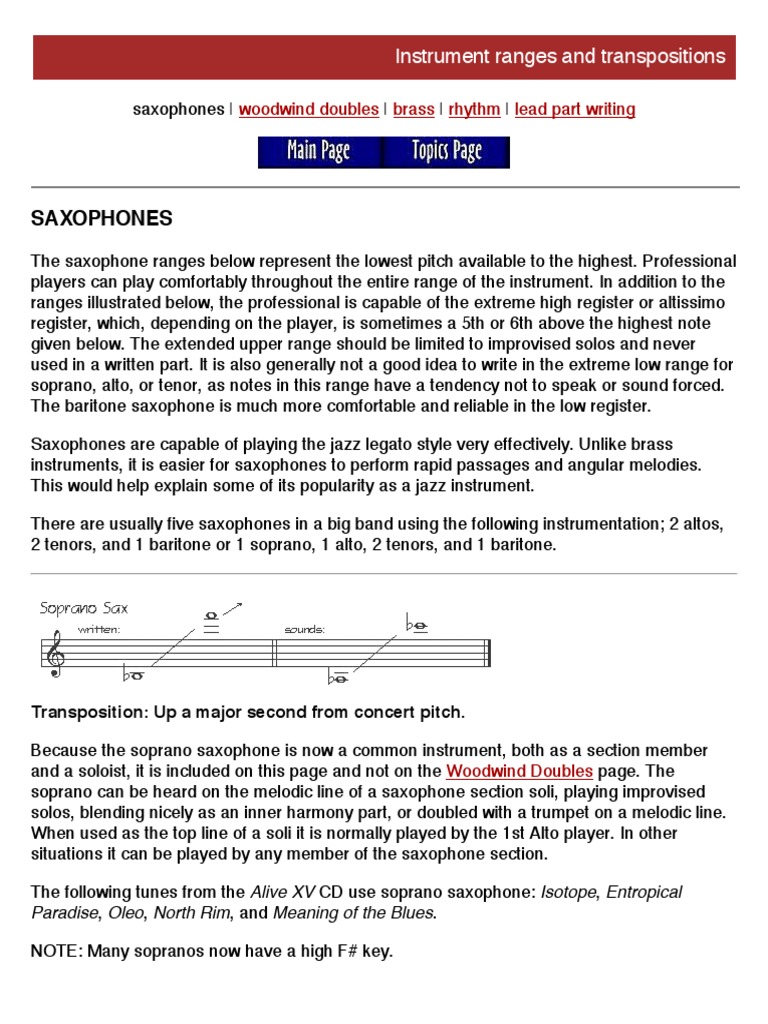 Saxophone Ranges and Transpositions | PDF | Saxophone | Clef