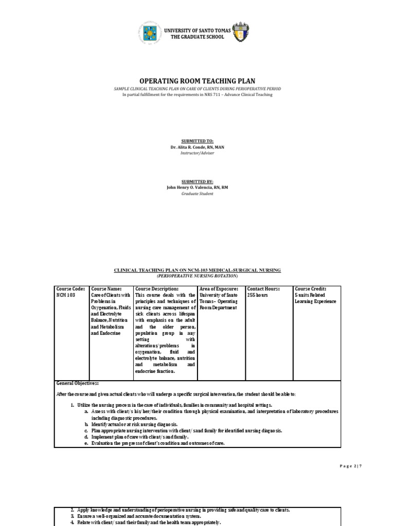Operating Room Teaching Plan: University of Santo Tomas The Graduate ...