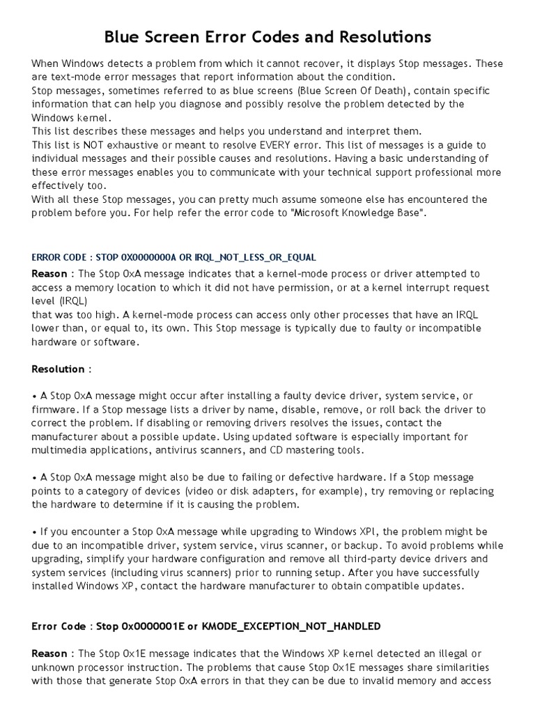 Blue Screen Error Codes | PDF | Device Driver | Booting