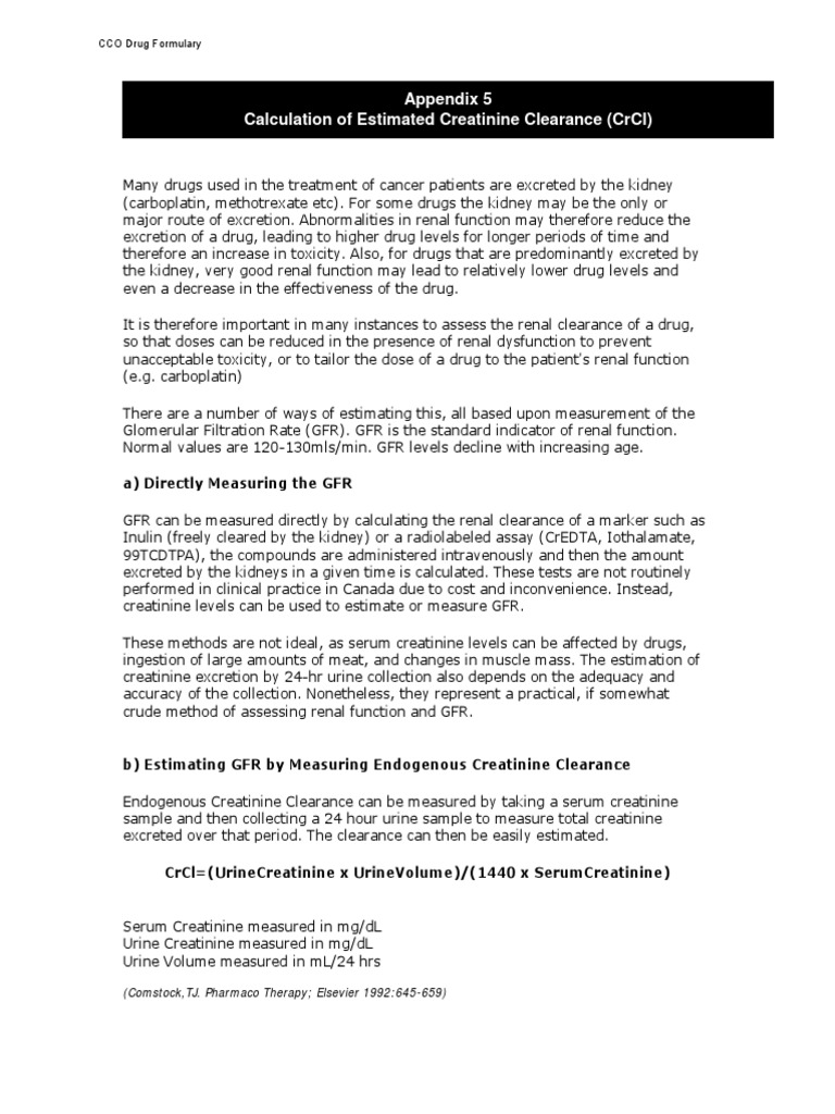 Appendix 5 Calculation of Estimated Creatinine Clearance (CRCL) | PDF | Renal Function | Creatinine