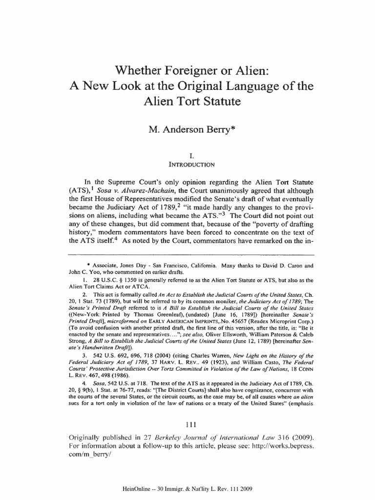 Whether Foreigner or Alien: A New Look at The Original Language of The Alien Tort Statute | PDF ...