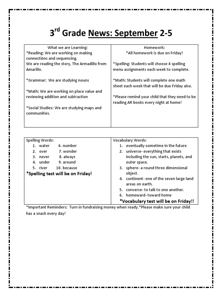 3rd Grade September Learning Update | PDF