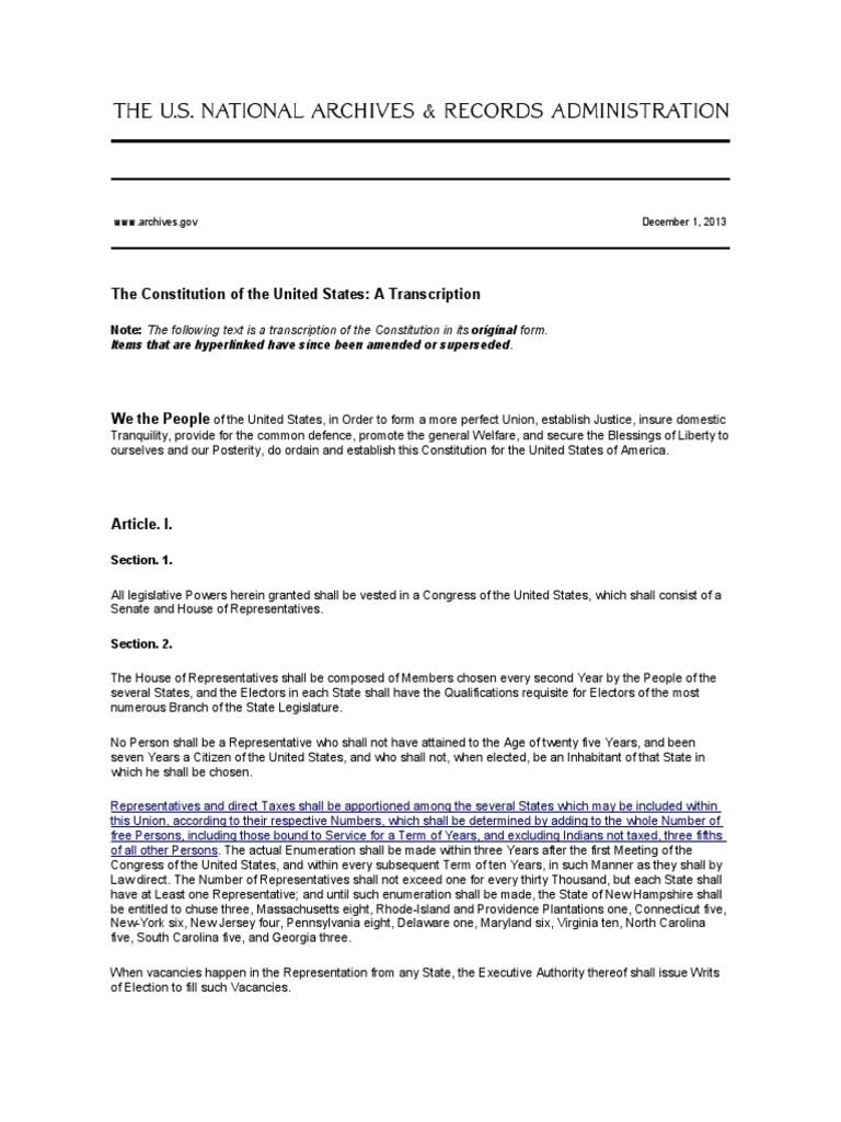 U.S. Constitution Transcription Document | PDF | U.S. State | Article ...