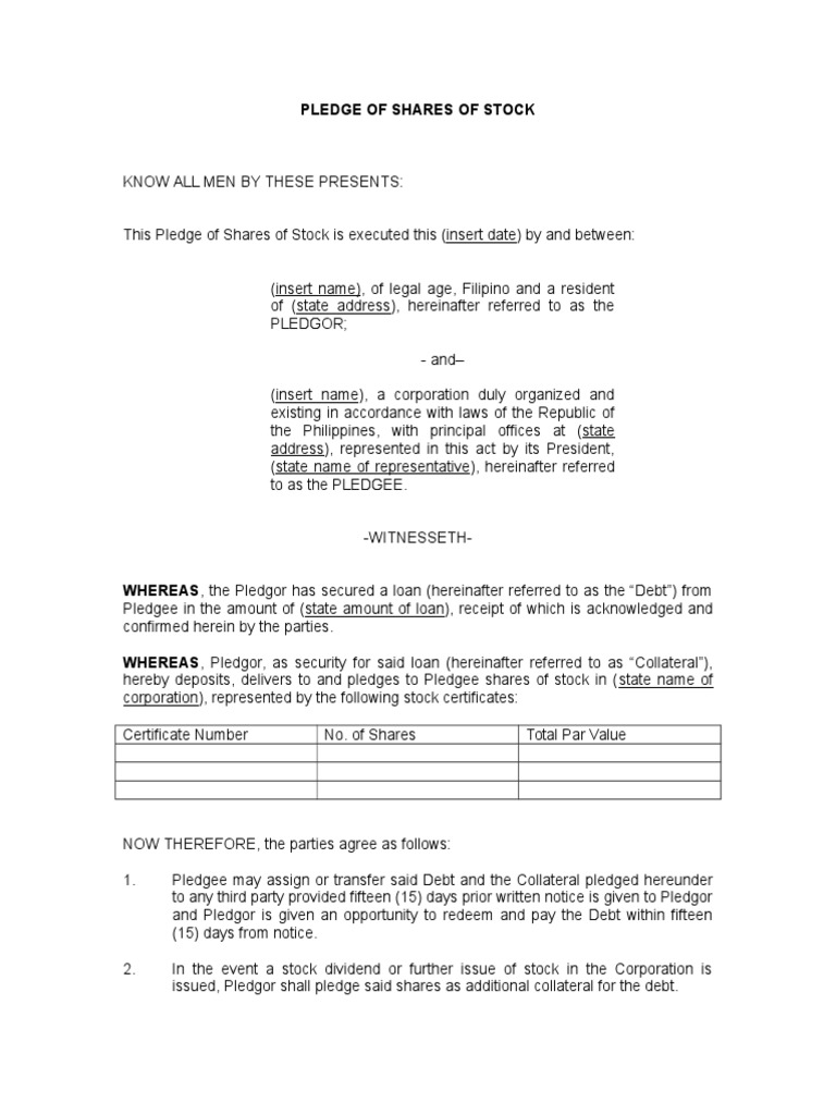 Pledge of Shares of Stock | PDF | Business