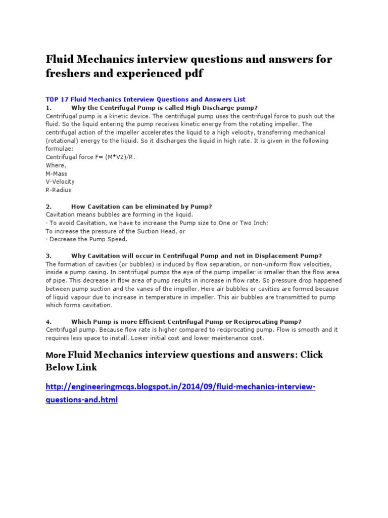 Fluid Mechanics Interview Questions and Answers | PDF | Pump ...