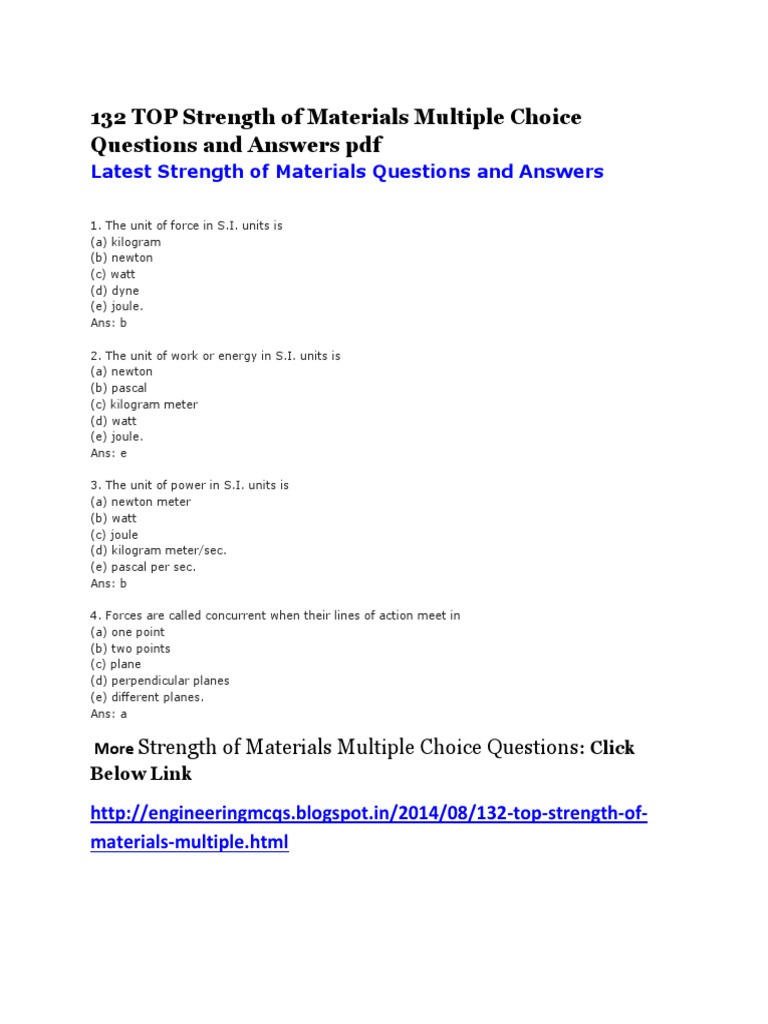 132 TOP Strength of Materials Multiple Choice Questions and Answers PDF ...