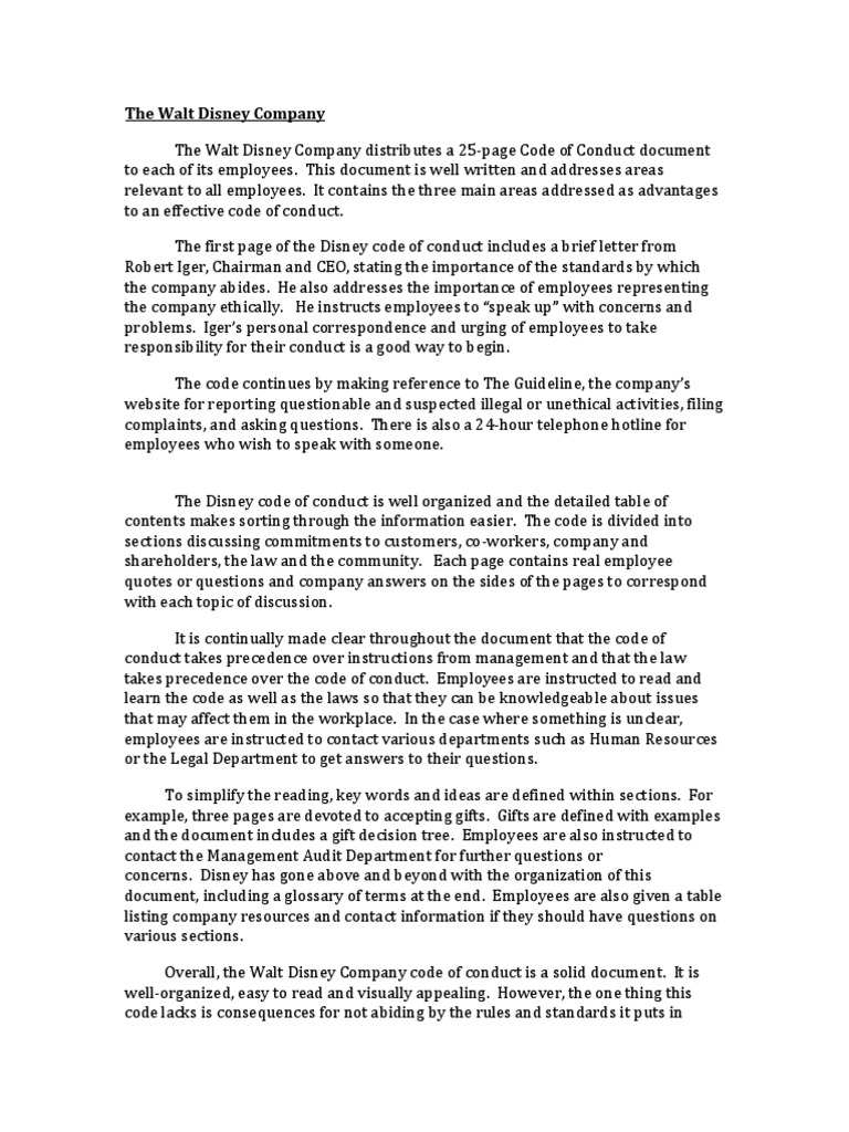 Walt Disney Co. - Code of Conduct Evaluation | PDF | Violence | Employment