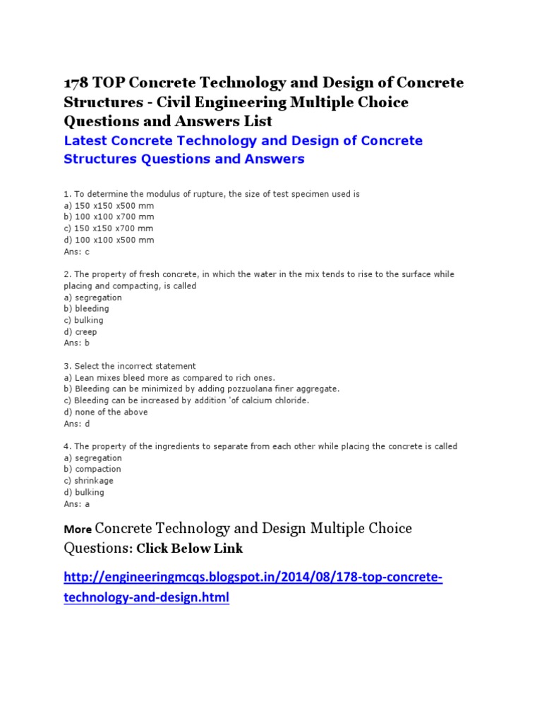 Concrete Technology MCQs and Answers | PDF | Multiple Choice | Concrete