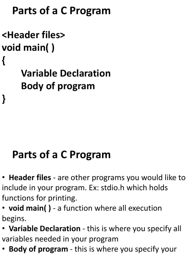 Parts of A C Program: Void Main (Variable Declaration Body of Program ... Parts of A C Program: Void Main (Variable Declaration Body of Program ...