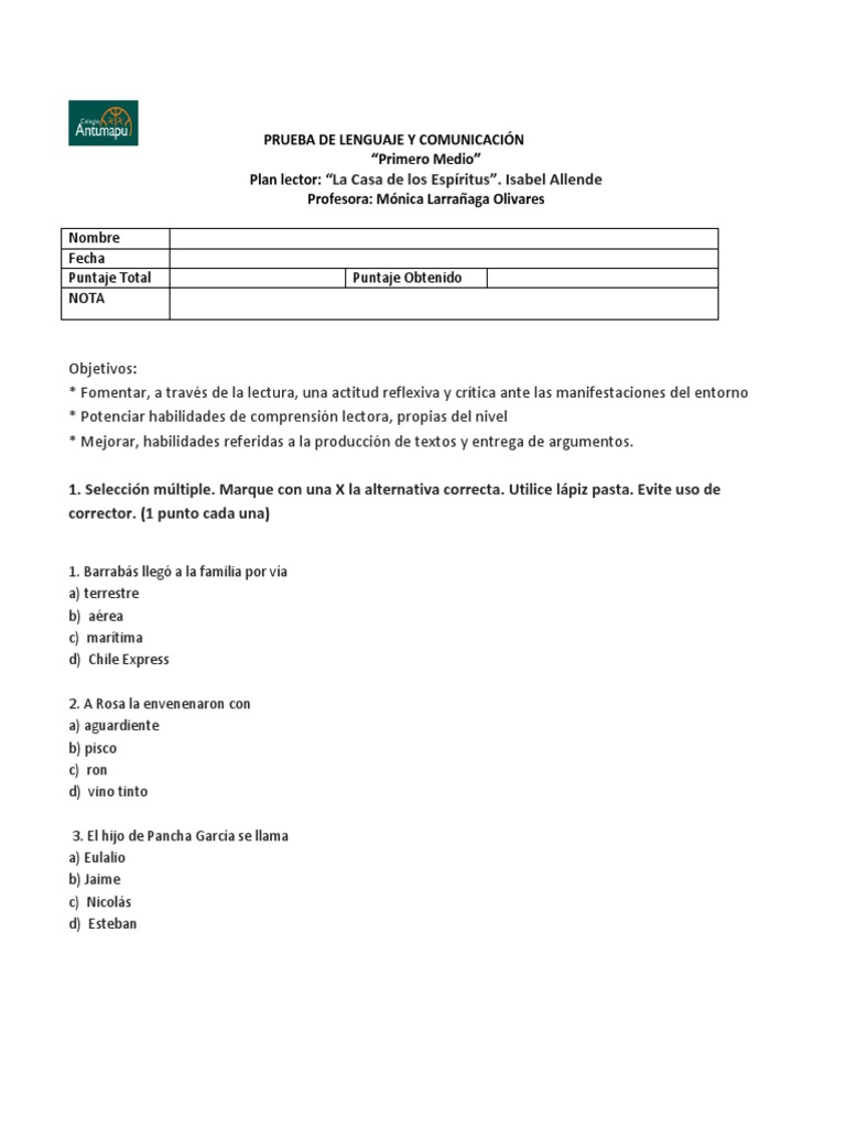 Prueba La Casa de Los Espiritus (1° Medio) | PDF