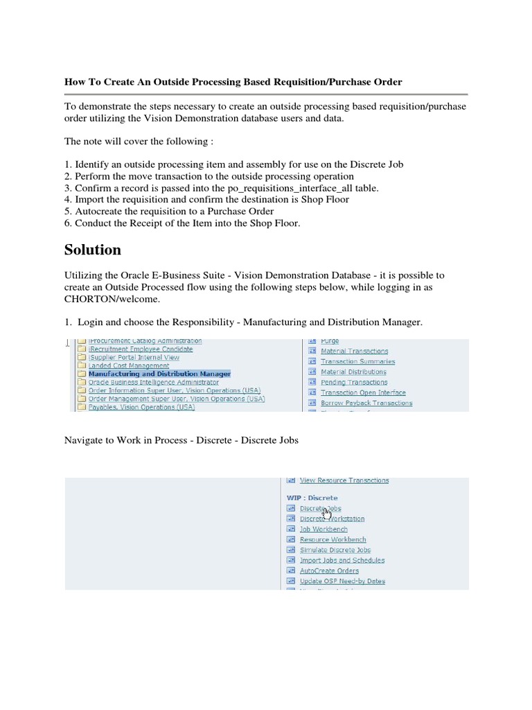 Creating an Outside Processing Requisition and Purchase Order in Oracle ...