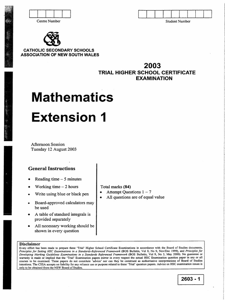 HSC Mathematics Extension One CSSA Trial | PDF