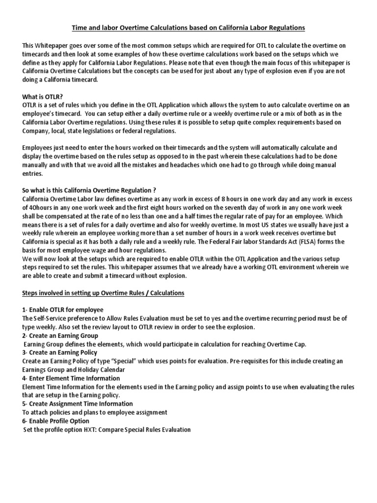 OTL California Setups and Examples | PDF | Overtime | Fair Labor ...