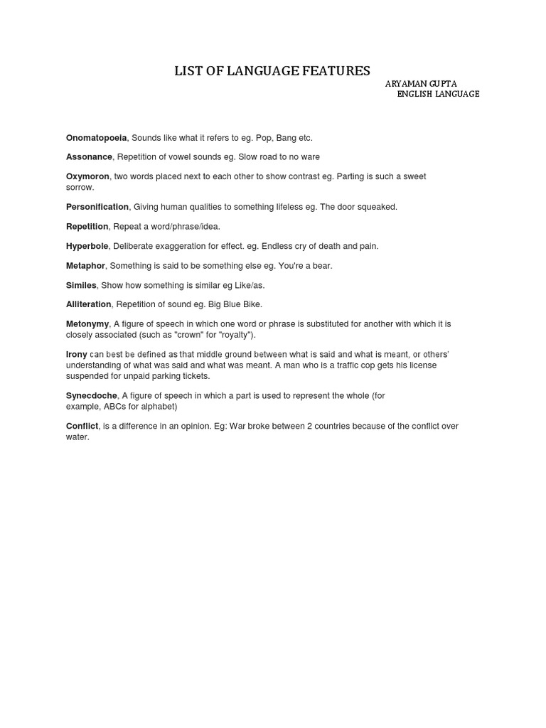 List of Language Features: Aryaman Gupta English Language | PDF