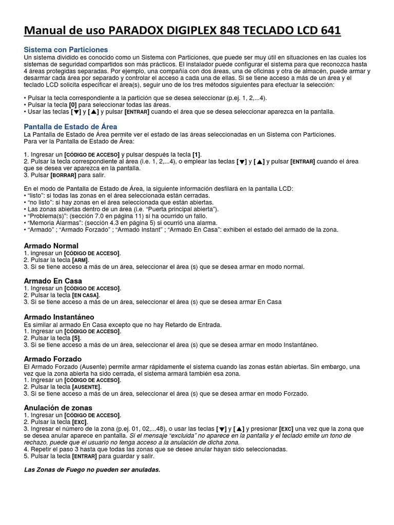 Manual de Uso Paradox Digiplex 848 Con Teclado 641 | PDF | Teclado ...
